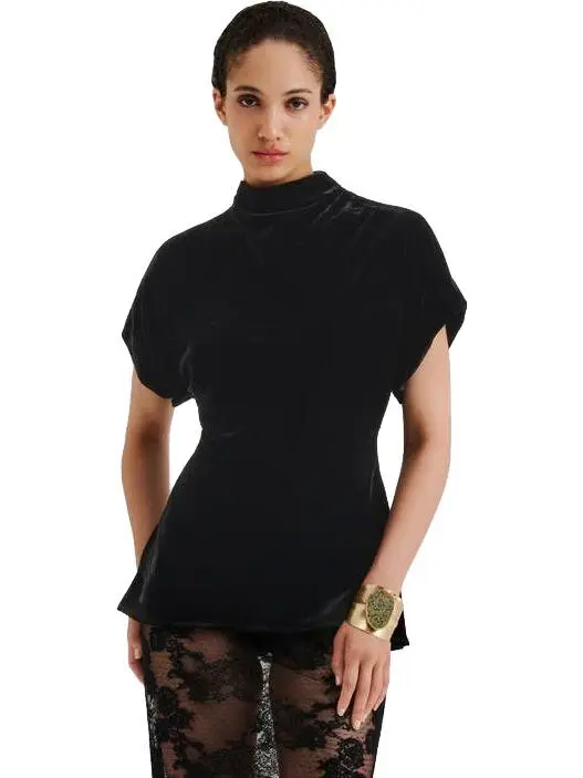 MALINA Otilia Draped Half Polo Velvet Top - Black