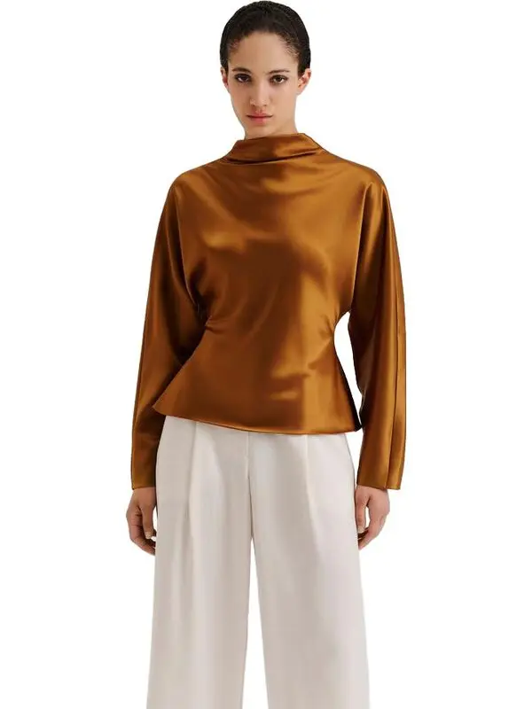 MALINA Zora Barrel Sleeve Satin Blouse - Amber