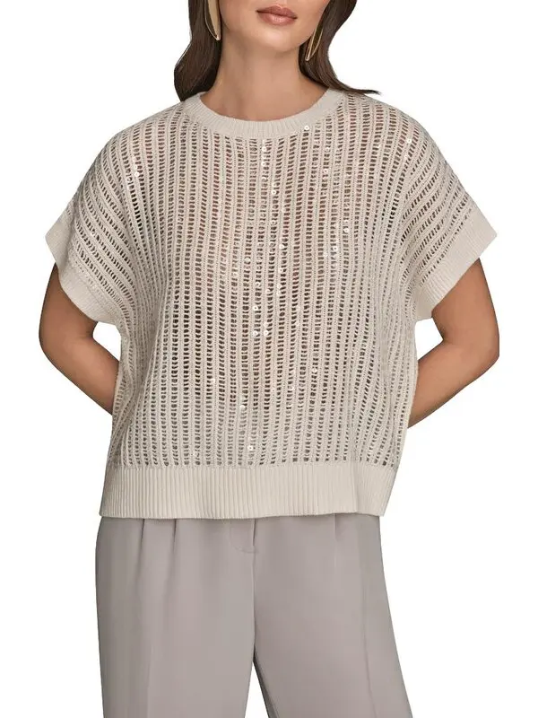 Donna Karan New York Sequin Open Stitch Sweater - Cream