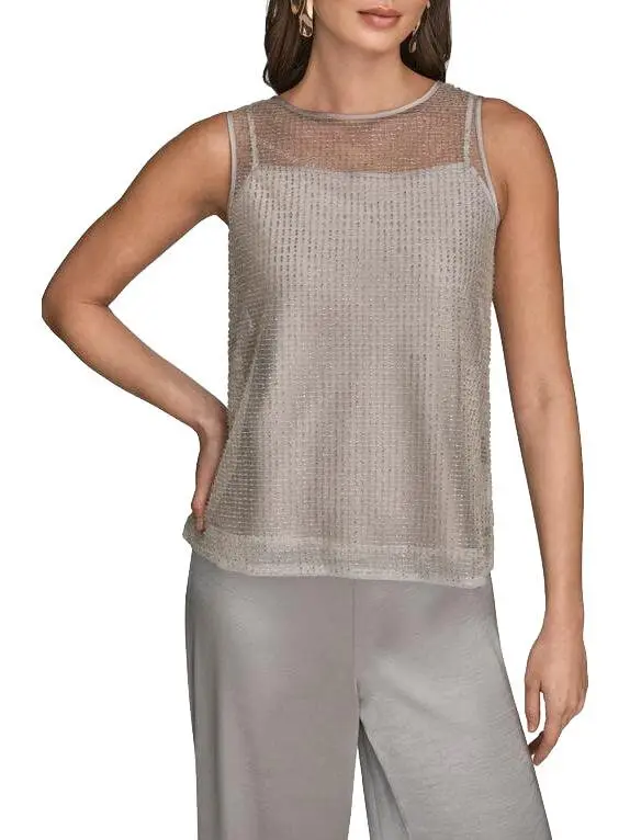 Donna Karan New York Beaded Mesh Sleeveless Top - White/silver