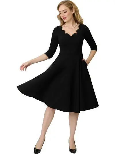 Unique Vintage Scalloped Neck Swing Dress - Black Solid