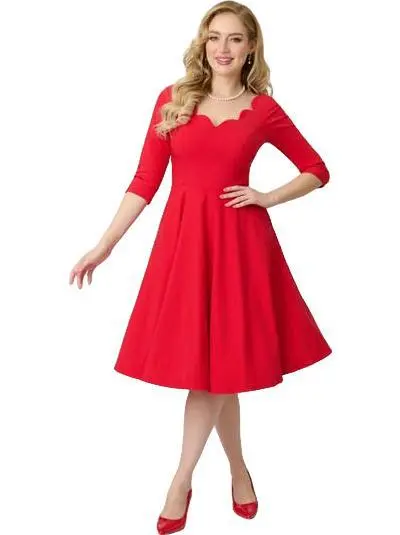 Unique Vintage Scalloped Neck Swing Dress - Red Solid