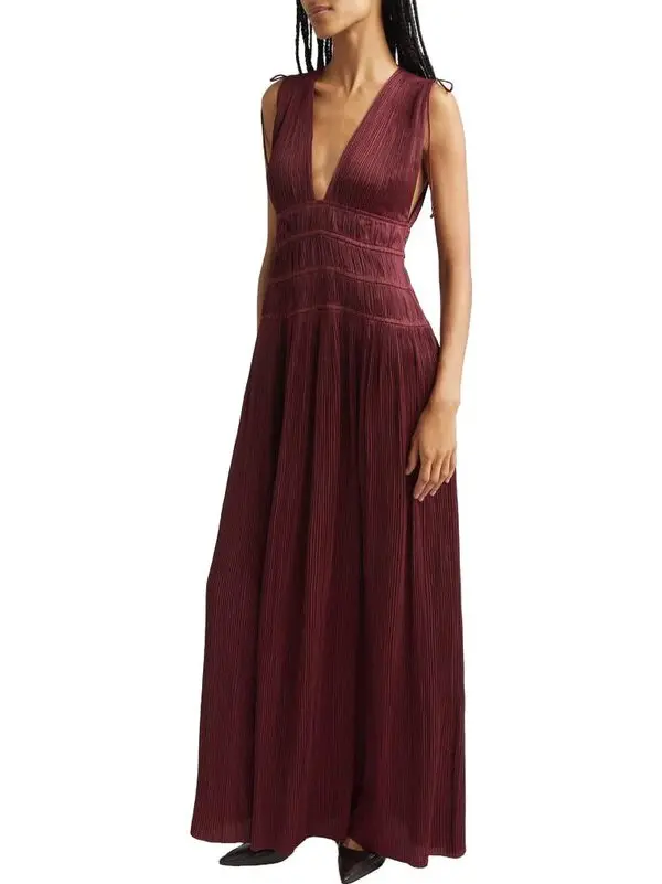 Ulla Johnson Tasneem Plissé Plunge Neck Gown - Claret