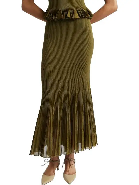 Ulla Johnson Vera Metallic Pleated Midi Skirt - Olive