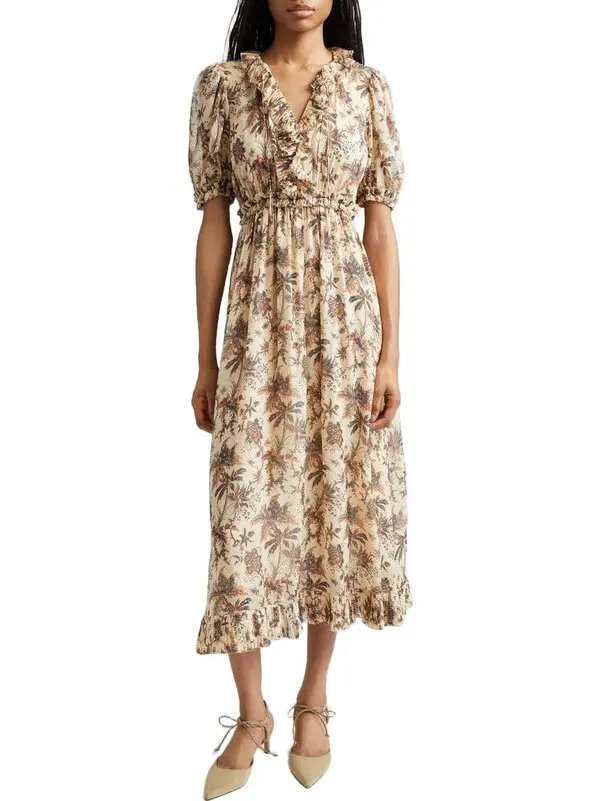 Ulla Johnson Rosamude Floral Puff Sleeve Midi Dress - Cameo