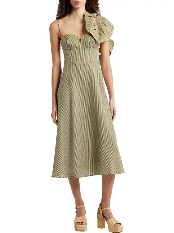 Farm Rio Stripe Monstera Leaf Linen Midi Dress - Green