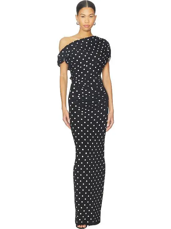 SELF-PORTRAIT Polka Dot Draped Knit Midi Dress - Black & White