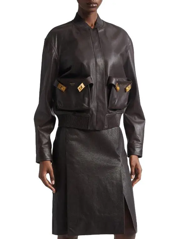 FERRAGAMO Hug Buckle Leather Bomber Jacket - Expresso