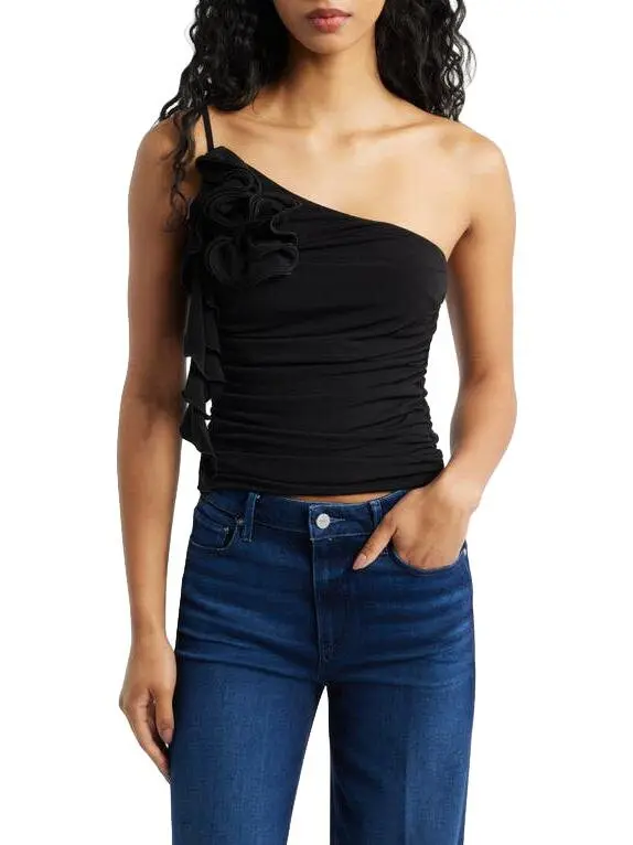 Mango Ruched Asymmetrical One-shoulder Top With Ruffle Trim - Black