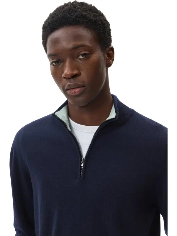 Johnstons Of Elgin Contrast Trim Cashmere Zip Neck Jumper - Navy
