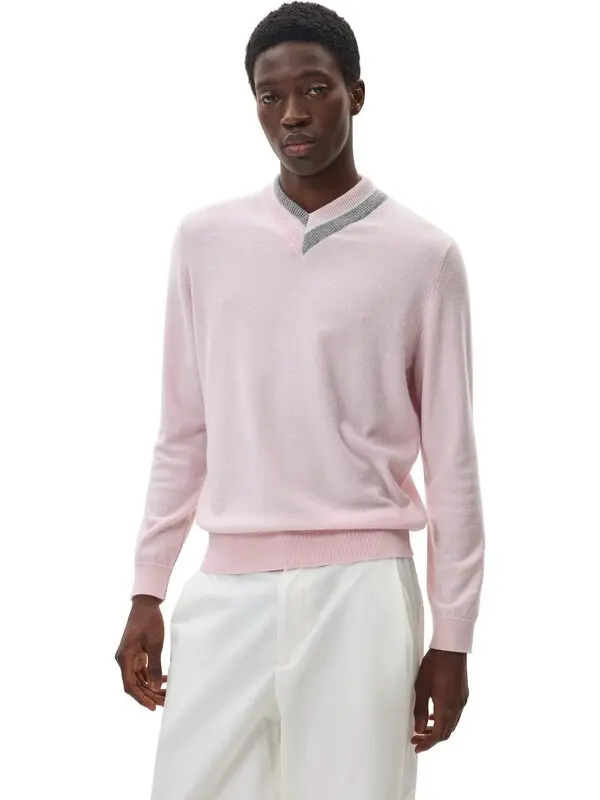 Johnstons Of Elgin Cashmere V-neck Sweater With Striped Trim - Pink