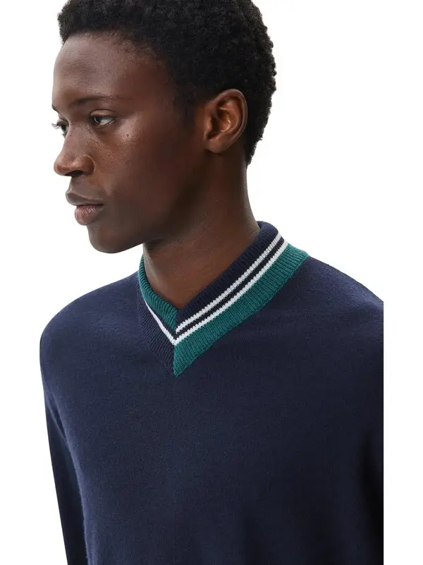 Johnstons Of Elgin Cashmere V-neck Jumper With Striped Trim - Navy