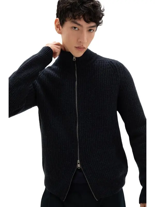 Johnstons Of Elgin Donegal Cashmere Ribbed Zip Cardigan - Navy