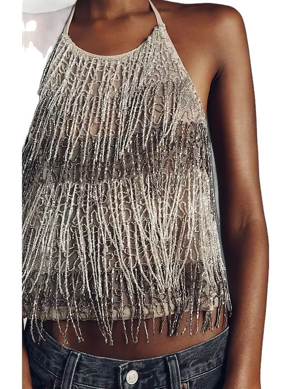 Anthropologie Beaded Halter Cami - Silver