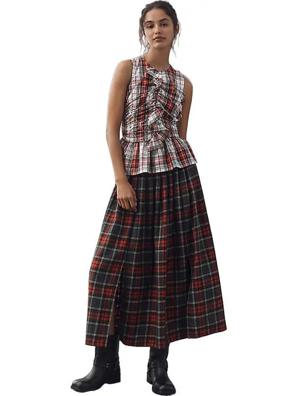 Hunter Bell Domi Pleated Wool Midi Skirt - Green Plaid