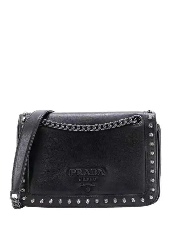 Prada Chain Flap Studded Glace Calf Small Crossbody Bag - Black