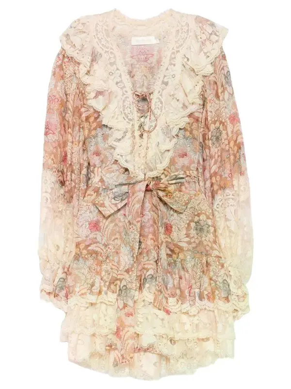 Zimmermann Lace Floral Mini Dress - Neutrals