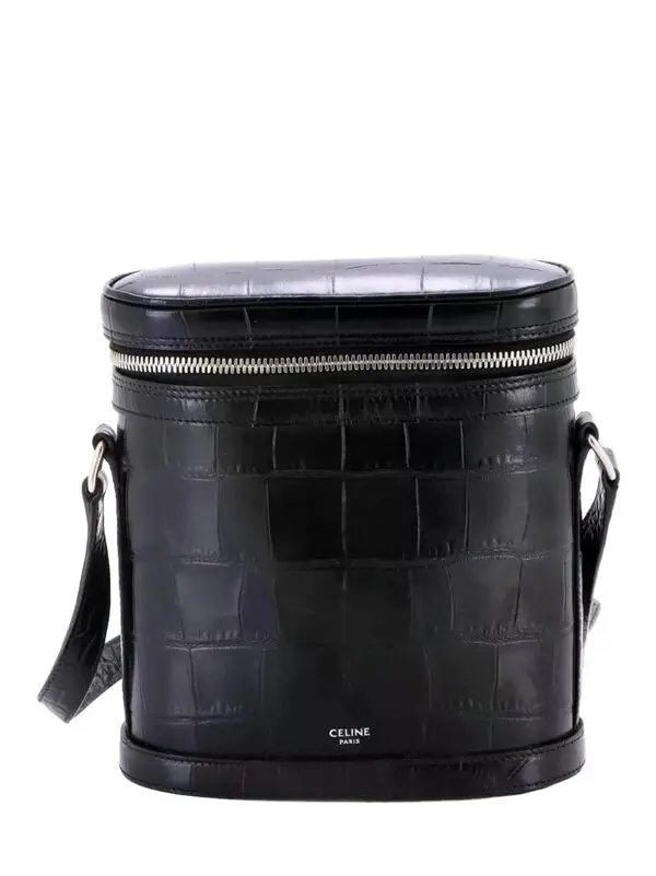 Celine Vertical Zip Messenger Crocodile Embossed Leather Crossbody Bag - Black