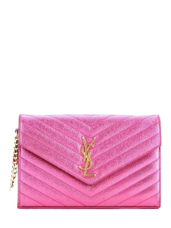 Saint Laurent Classic Monogram Wallet On Chain Matelasse Chevron Metallic Leather Medium Crossbody Bag - Pink