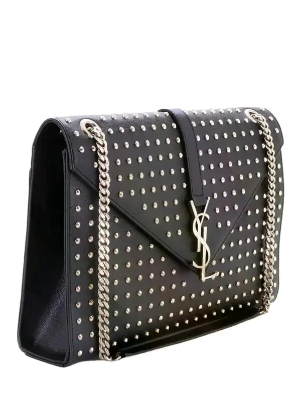 Saint Laurent Classic Monogram Envelope Satchel Studded Leather Shoulder Bag - Black