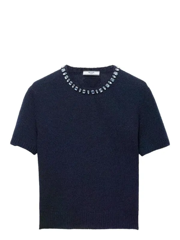 Prada Ribbed Knit Top With Jewel Embellishment - Blue