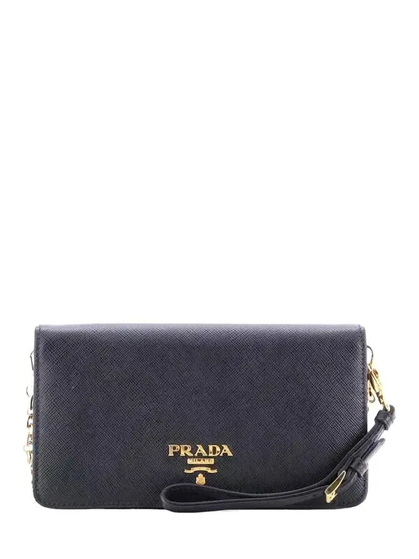 Prada Wristlet Wallet On Chain Saffiano Leather Mini Clutch - Black