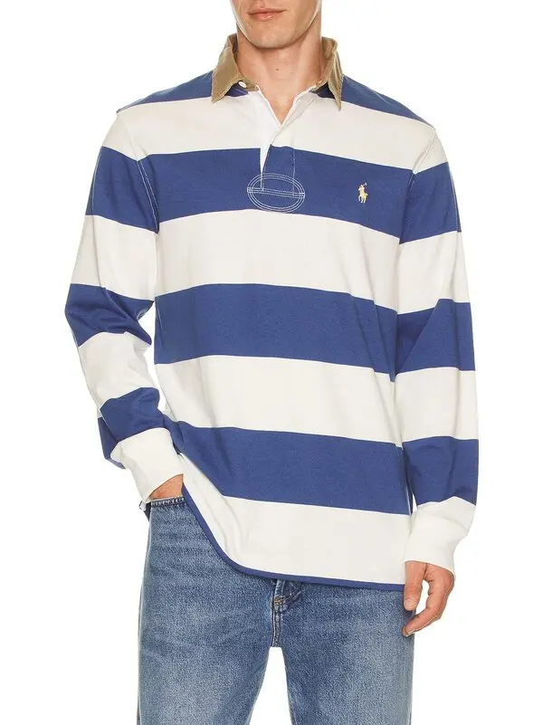 Polo Ralph Lauren Long Sleeve Collared Rugby Shirt In Blue - Old Royal & Trophy Cream