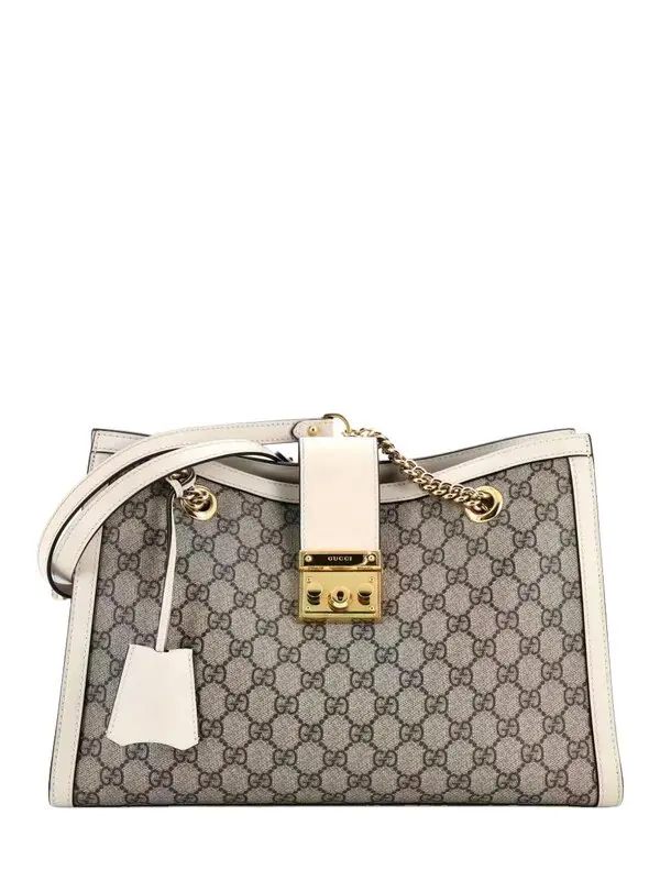 Gucci Padlock Chain Gg Coated Canvas With Leather Tote Bag - Brown