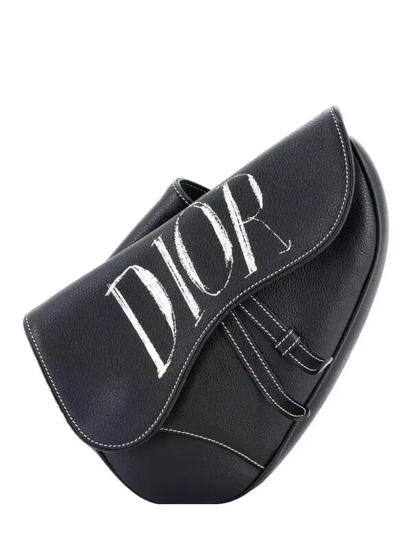 Dior X Shawn Stussy Saddle Printed Leather Crossbody Bag - Black