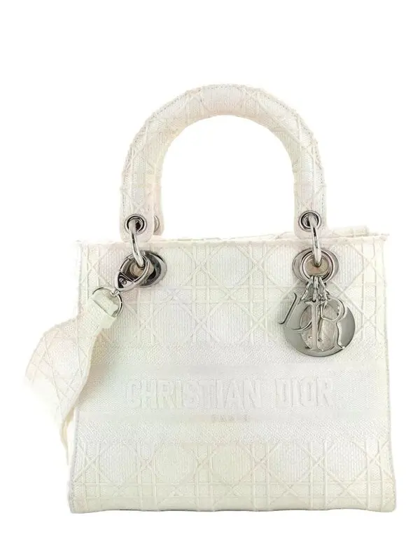 Dior Lady D-lite Bag Cannage Embroidered Canvas Medium Satchel - Neutrals
