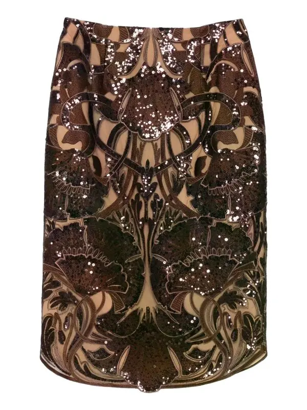 Elie Saab Sequin Floral Midi Skirt - Brown