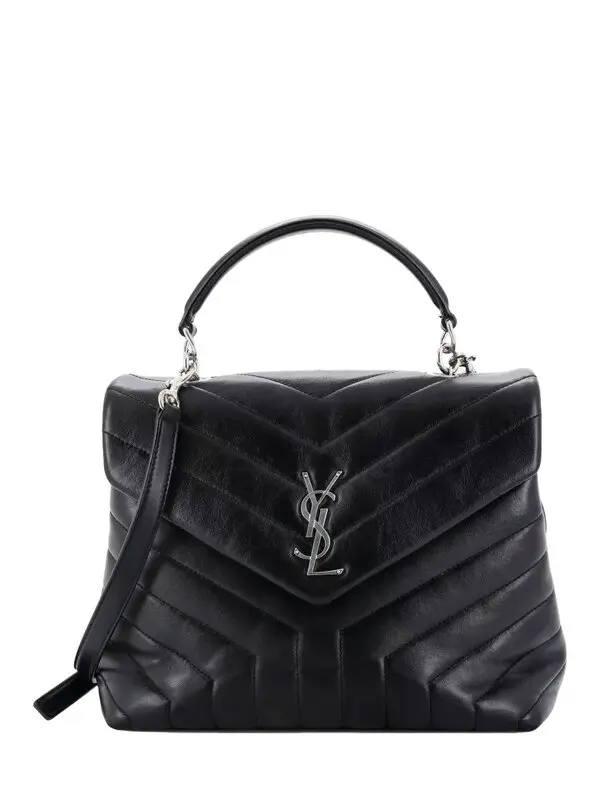 Saint Laurent Loulou Top Handle Matelassé Chevron Leather Medium Shoulder Bag - Black
