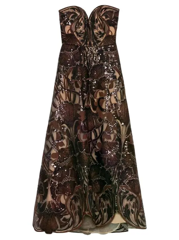 Elie Saab Sequin-embellished Embroidered Maxi Dress - Brown