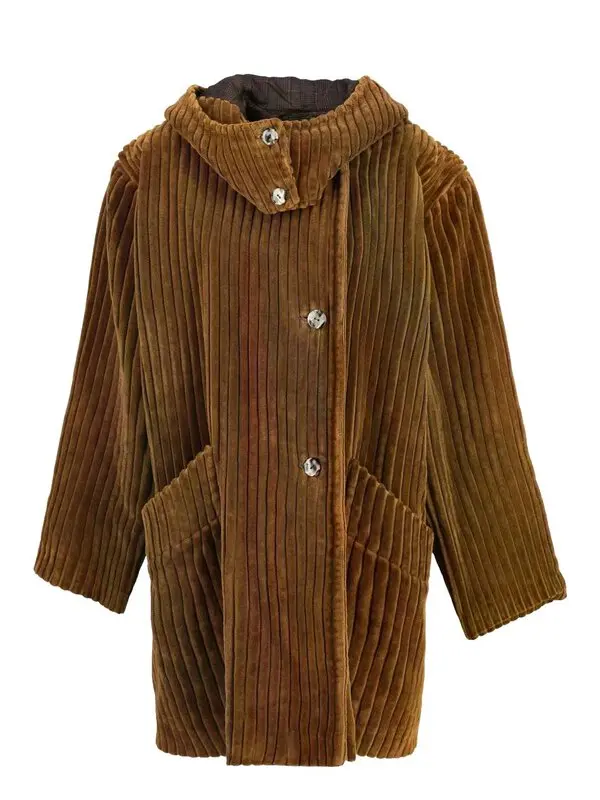 Vintage Corduroy Hooded Coat - Brown