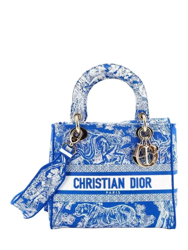Dior Toile De Jouy Lady D-lite Bag Embroidered Canvas Tote Bag - Blue