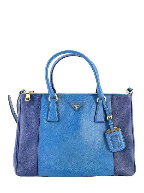 Prada Bicolor Double Zip Lux Saffiano Leather Medium Tote Bag - Blue