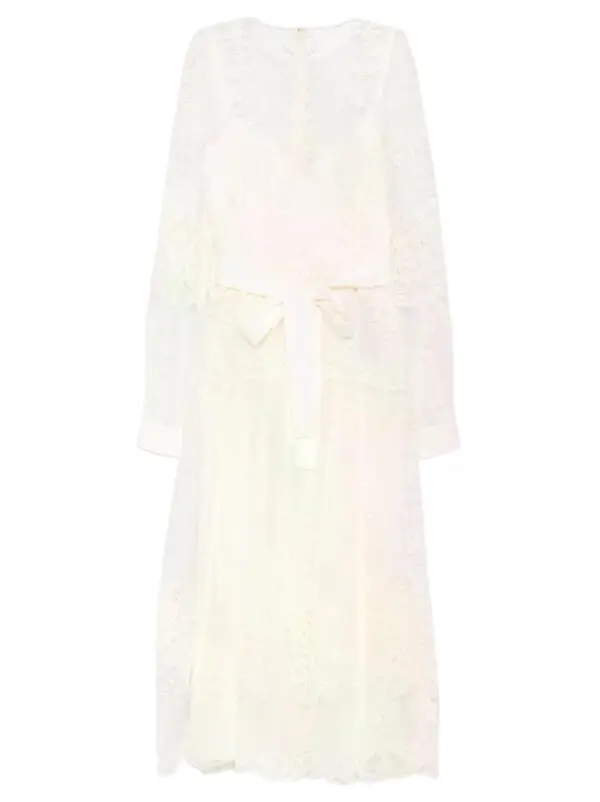 Elie Saab Lace Belted Midi Dress - White