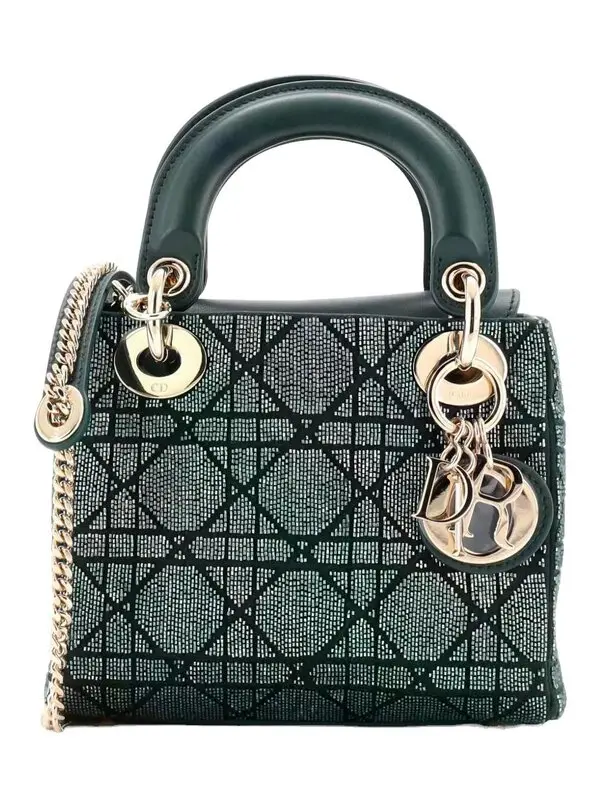 Dior Lady Chain Bag Cannage Beaded Satin With Leather Mini Shoulder Bag - Green