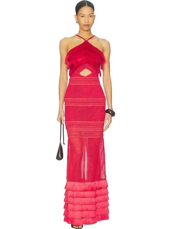 PatBO Radiant Fringe Halterneck Maxi Dress - Red