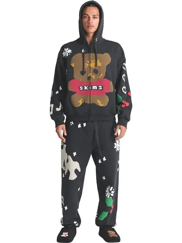 SKIMS Cactus Plant Flea Market X Heavyweight Fleece Relaxed Zip-up Hoodie - Onyx Teddy Bear Print