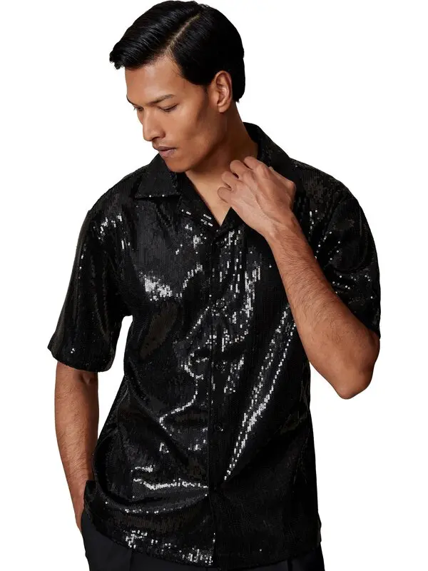 REISS King Sequin Cuban-collar Shirt - Black