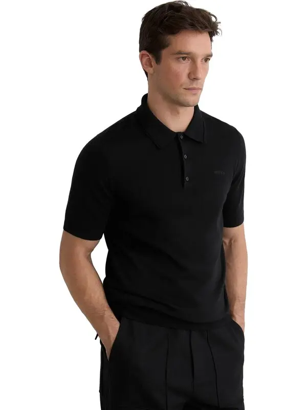 REISS Albion Merino Wool Logo Polo Shirt - Black