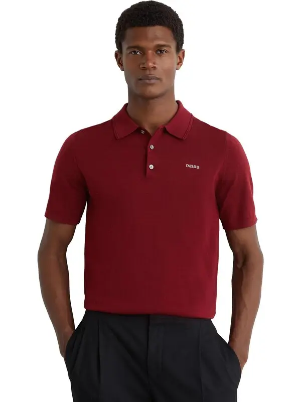 REISS Albion Merino Wool Logo Polo Shirt - Red