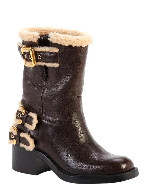 Chloé Dakota Shearling Trim Ankle Boots - Burnt Wood