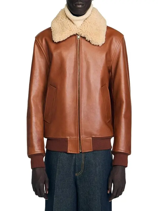 Sandro Leather Shearling Collar Jacket - Cognac