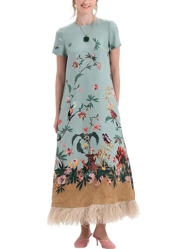 La DoubleJ Silk Dress With Feather Trim - Zooflora Panel