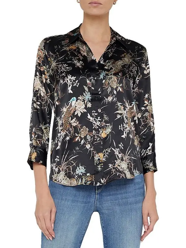 L'Agence Dani Silk 3/4 Sleeve Blouse - Black Multi Jungle