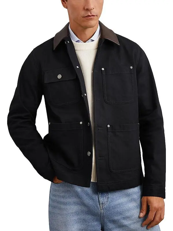 REISS Leather Collar Denim Jacket - Indigo Blue