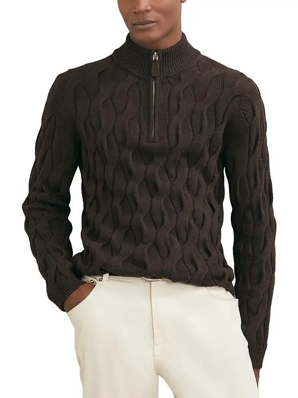 REISS Quarter Zip Funnel Neck Sweater - Chocolate