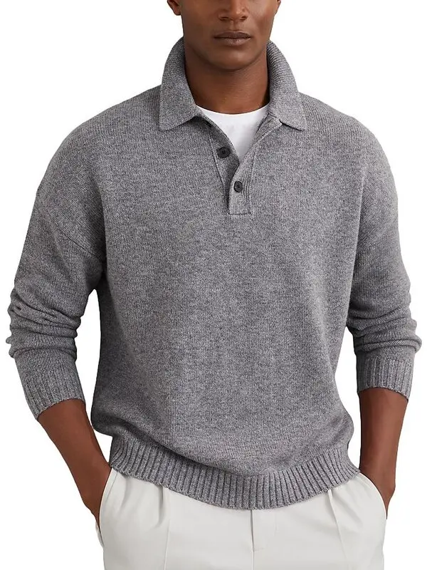 REISS Relaxed Fit Half Button Sweater - Grey Melange